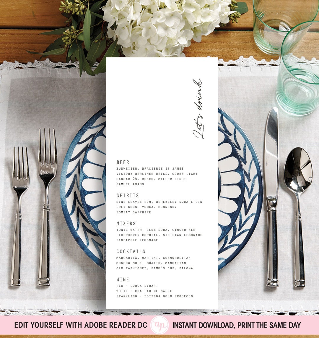Minimal WEDDING DRINKS MENU Template, Modern Wedding Drinks Menu Pdf ...
