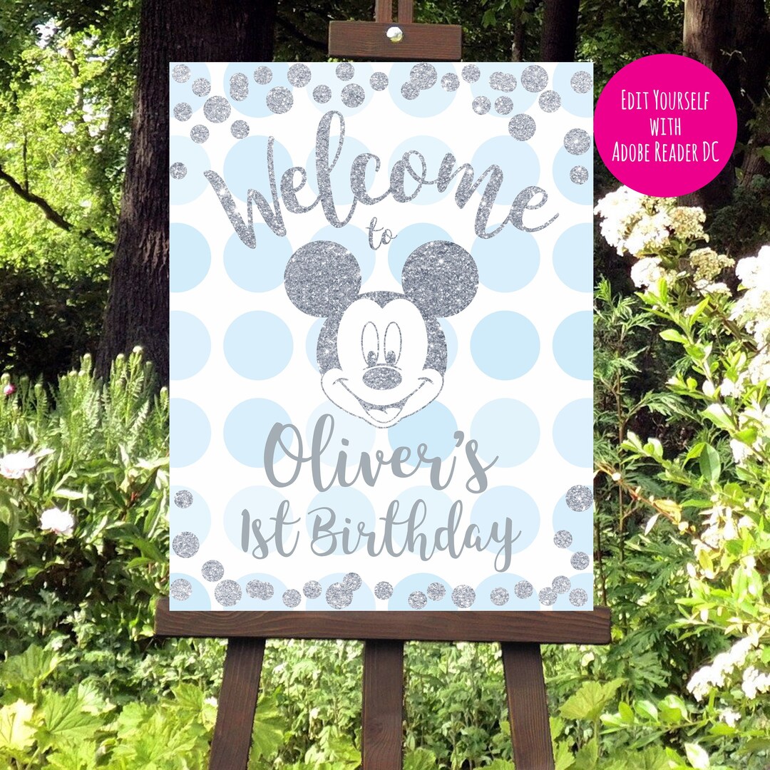 Welcome Sign Mickey Mouse Birthday, Silver Mickey Mouse Editable ...
