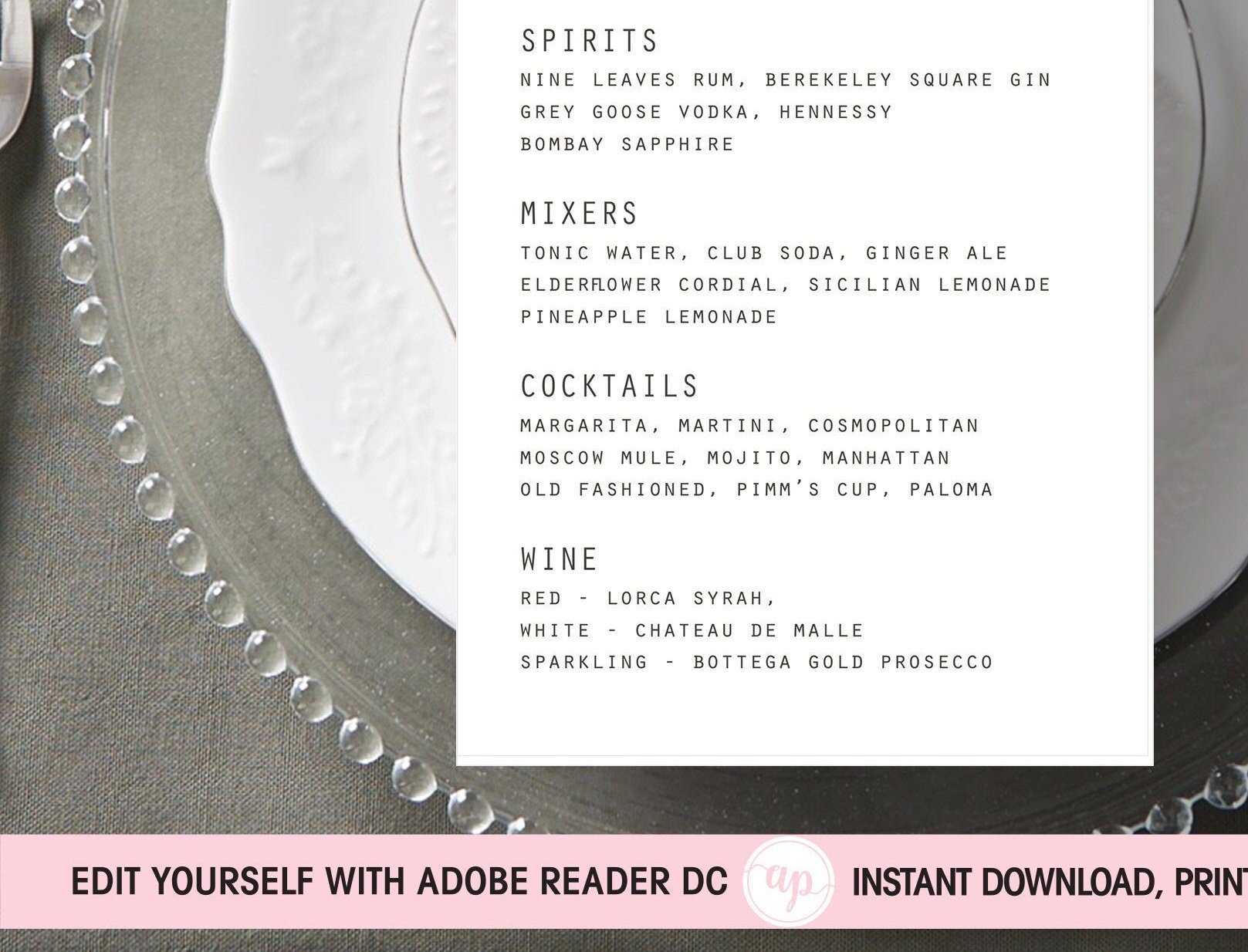 Minimal WEDDING DRINKS MENU Template Modern wedding drinks | Etsy