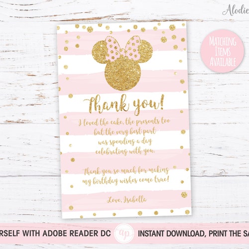 Thank You Card Minnie Mouse Thank You Note Template Oh - Etsy