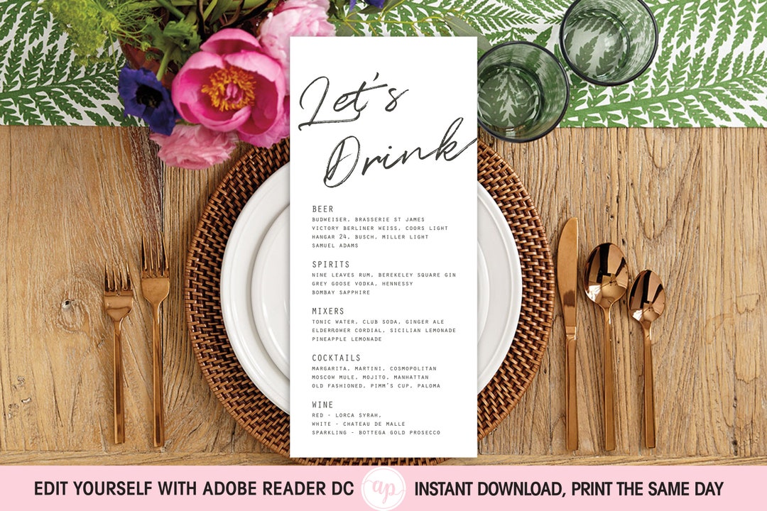 Minimal WEDDING DRINKS MENU Template, Modern Wedding Drinks Menu Pdf ...