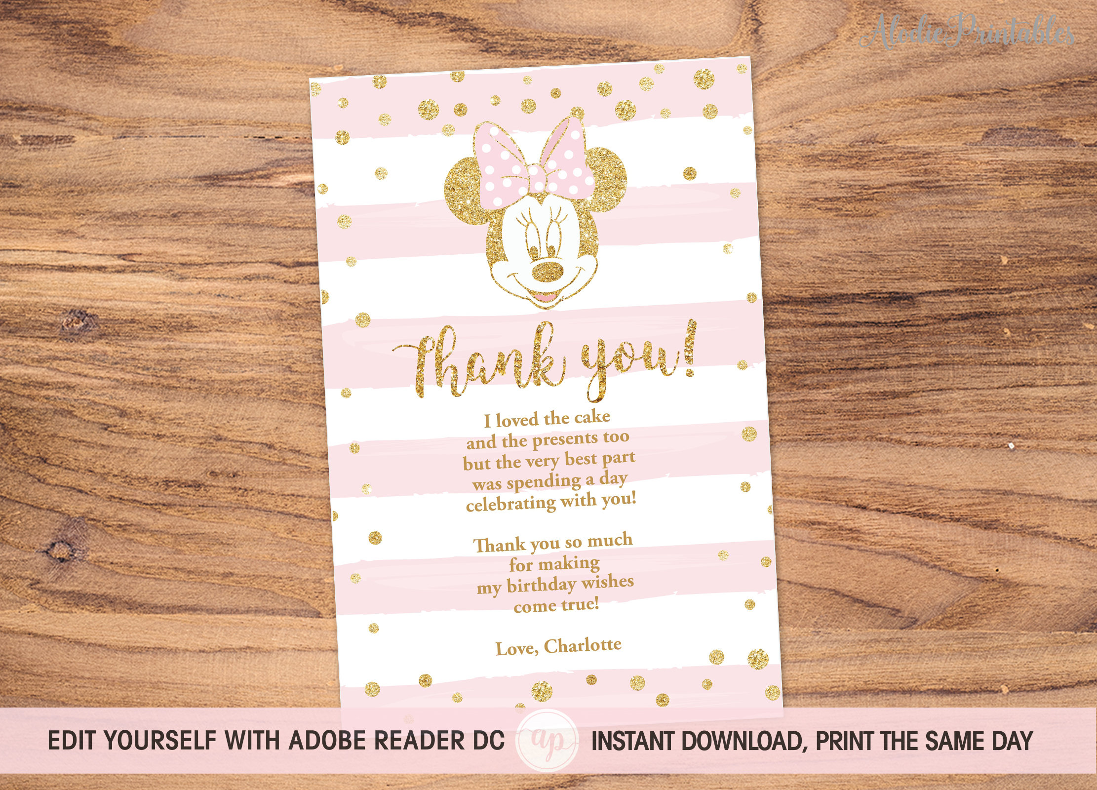 Thank You Card Minnie Mouse Thank You Note Template Oh - Etsy