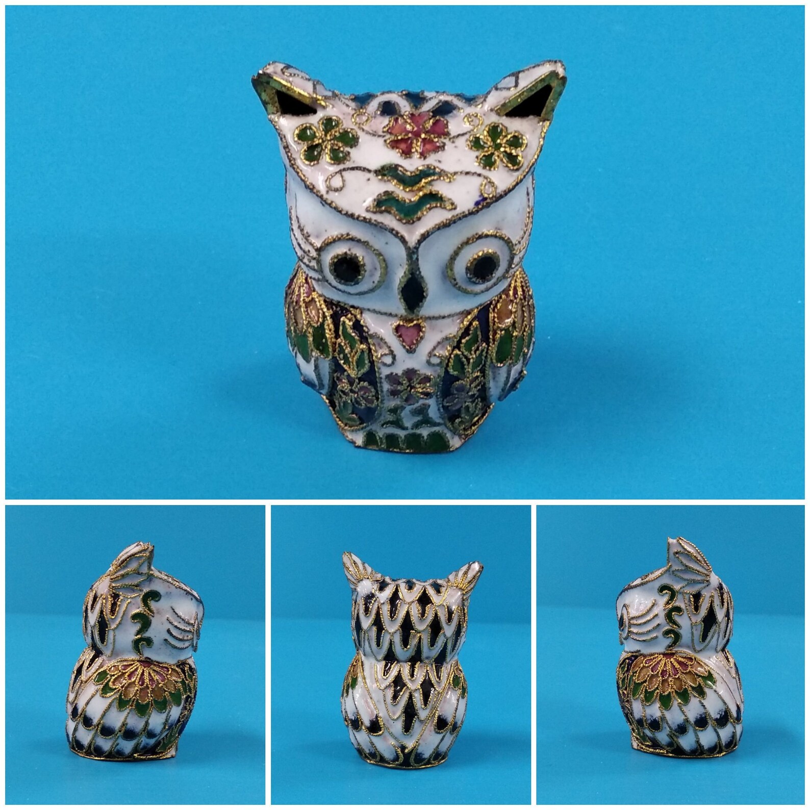 Vintage Chinese Cloisonne Mini Owl Figurine,gold Plated Copper Enamel ...