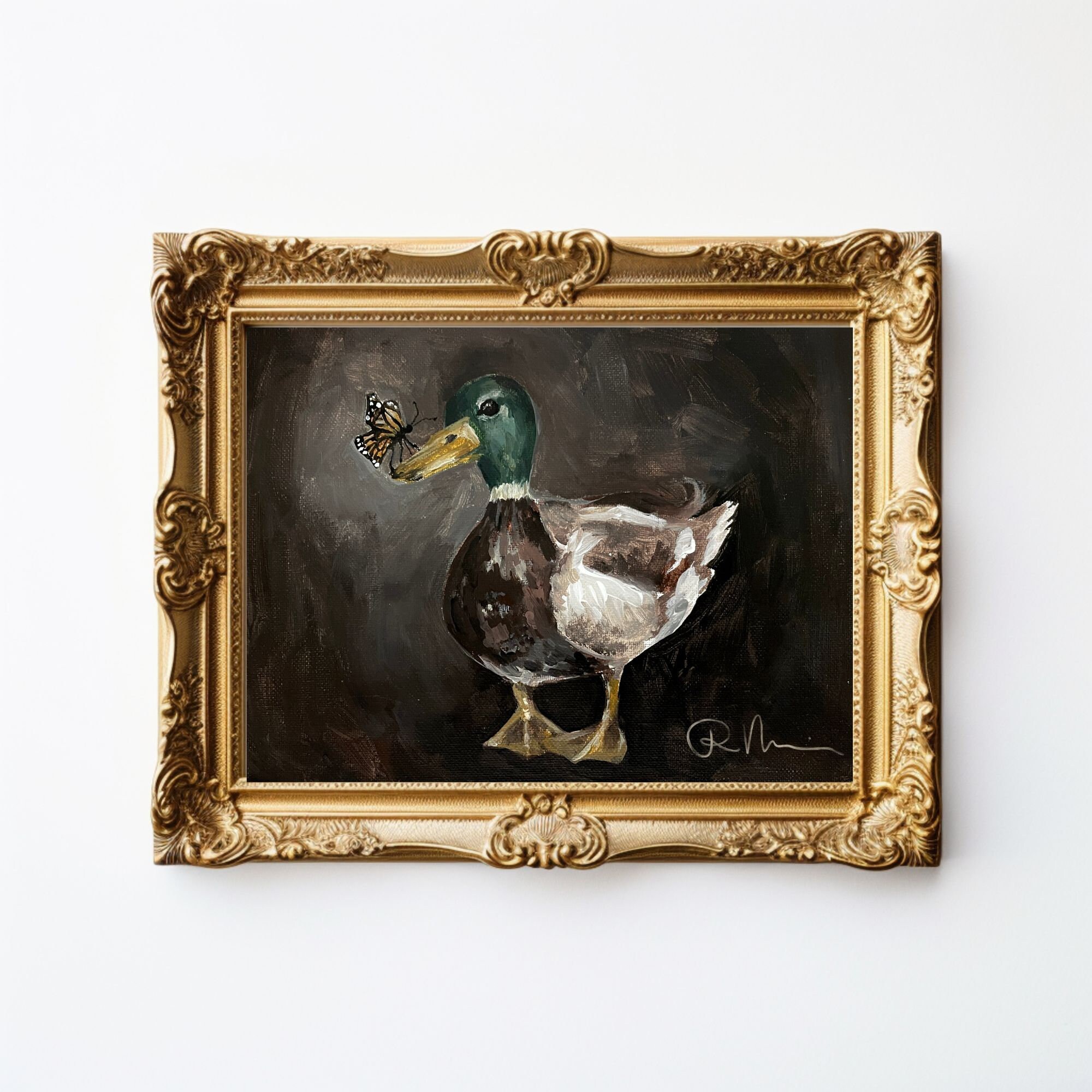 Vintage Mallard Duck With Butterfly Painting | Fine Art Print - Etsy