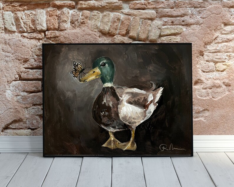 Vintage Mallard Duck With Butterfly Painting | Fine Art Print - Etsy