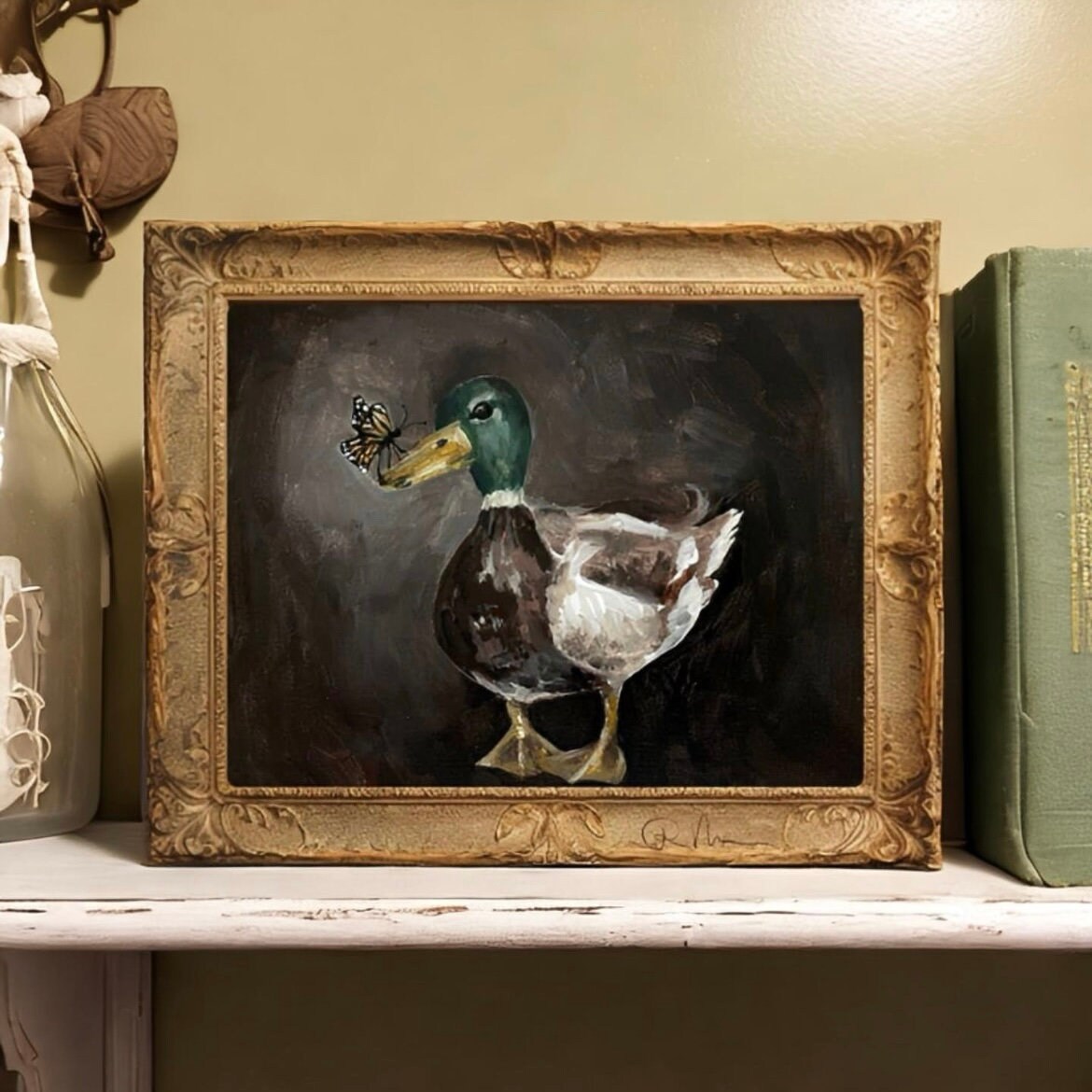 Vintage Mallard Duck With Butterfly Painting | Fine Art Print - Etsy