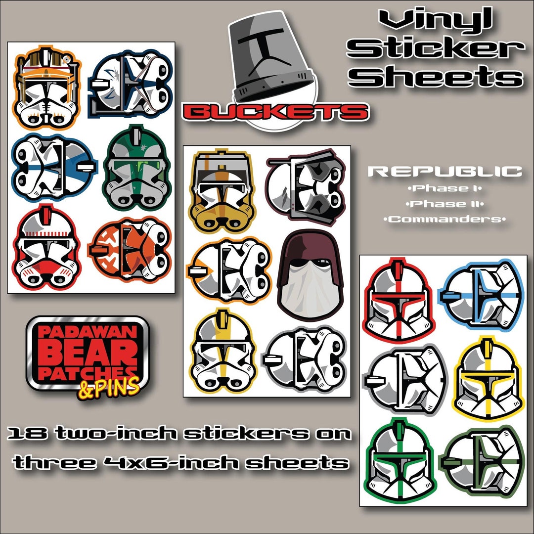 Star Wars Clone Trooper Helmet Stickers: "buckets" Designs, Set of 18 ...