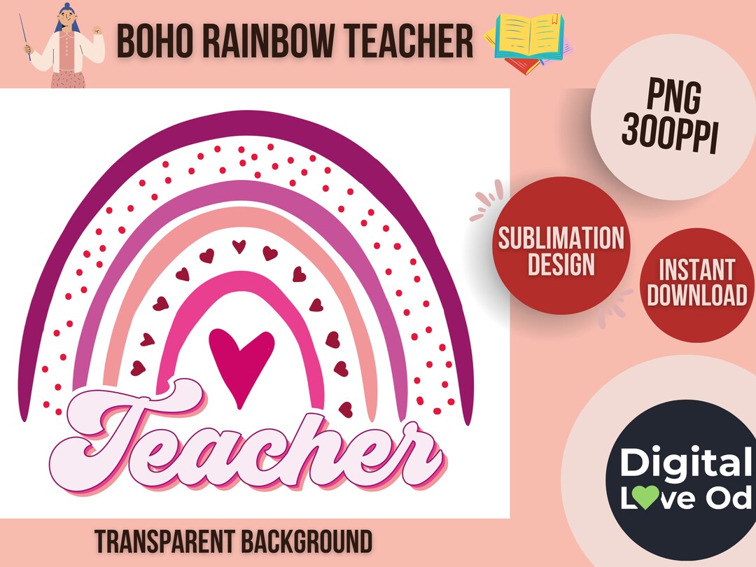Boho Rainbow Teacher Retro Font: прозрачный фон, сублимация PNG, 300ppi ...