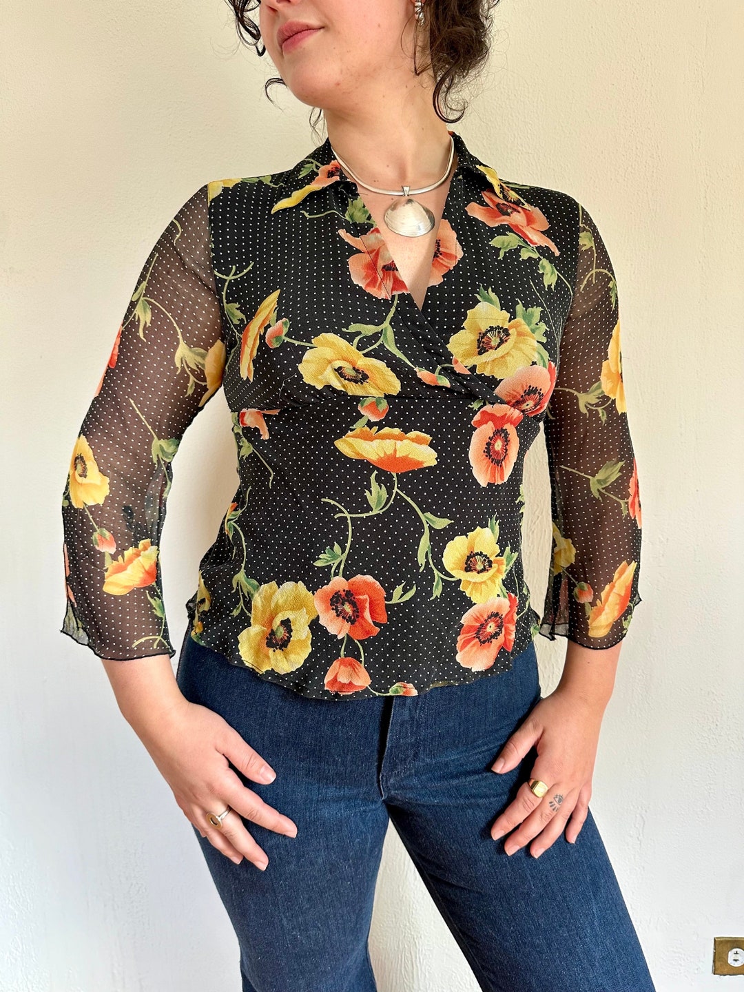 100% Silk Floral Blouse 1990s Poppy Print Large - Etsy