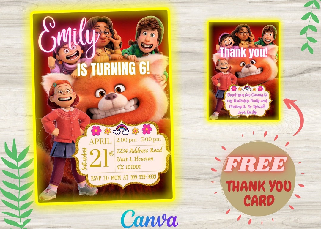 Turning Red Invitation Birthday Party Meilin Editable Kids Red Panda ...