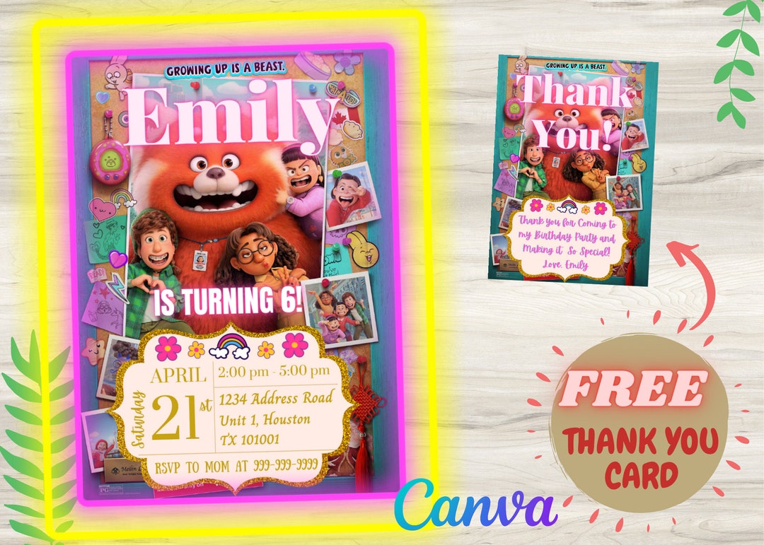 Turning Red Invitation Birthday Party Meilin Editable Kids Red Panda ...