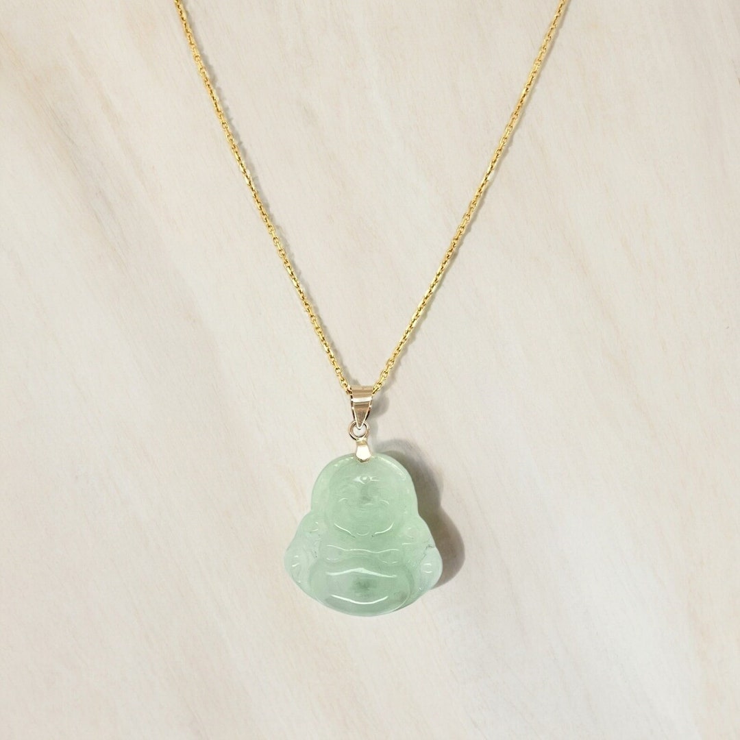 Genuine Dainty Light Green Jade Laughing Buddha Pendant Real Solid 14K ...