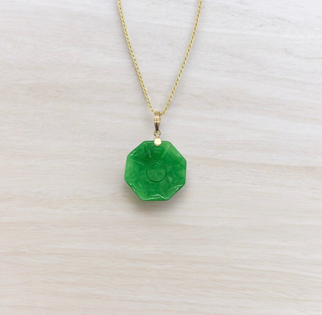 Large Genuine Jade Bagua Yin Yang Pendant- Real Solid 14K Yellow Gold ...