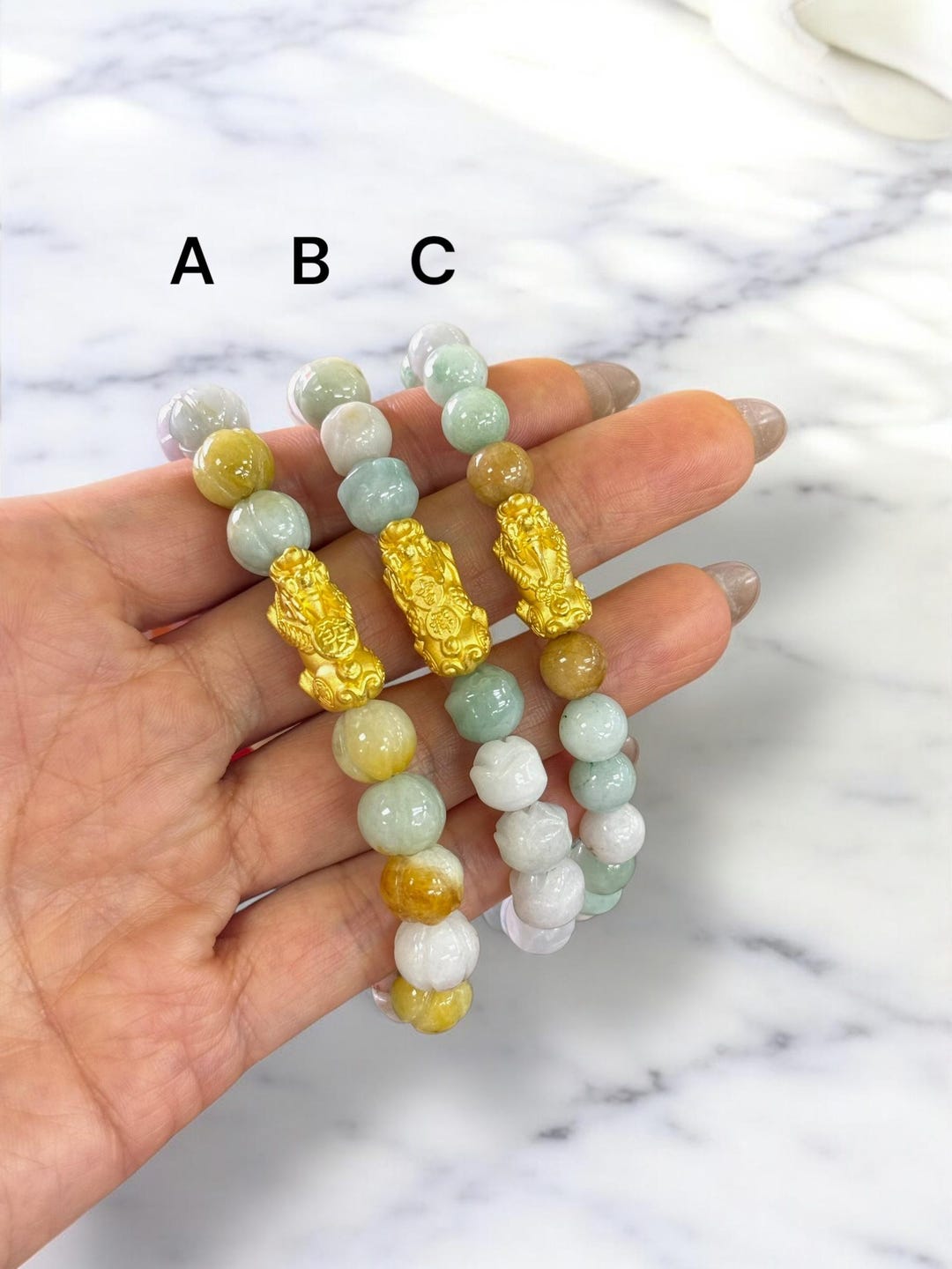 Real Genuine 24K Gold Pixiu Stretchable Bracelet- Real Jade Beads - 6-7 ...