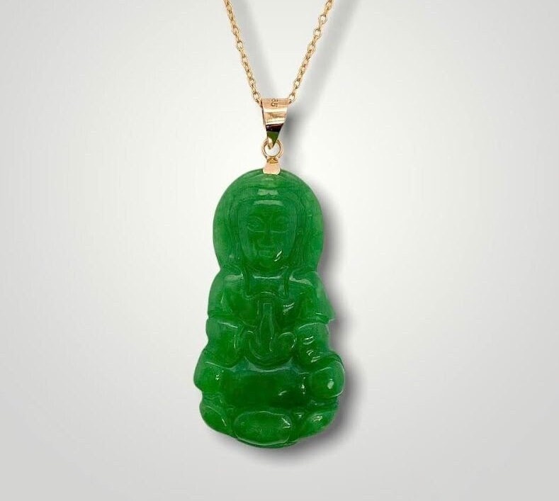 Jade Pendant Real Guan Yin Necklace/14k Yellow Gold Bail/female Buddha ...