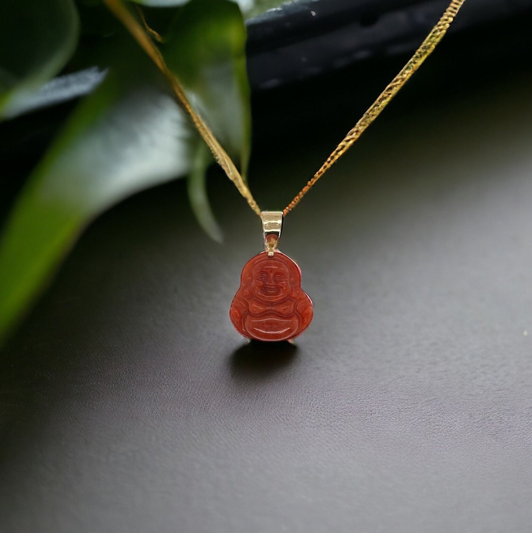 Genuine Red Jade Dainty Laughing Buddha Pendant- Real Solid 14K Gold ...