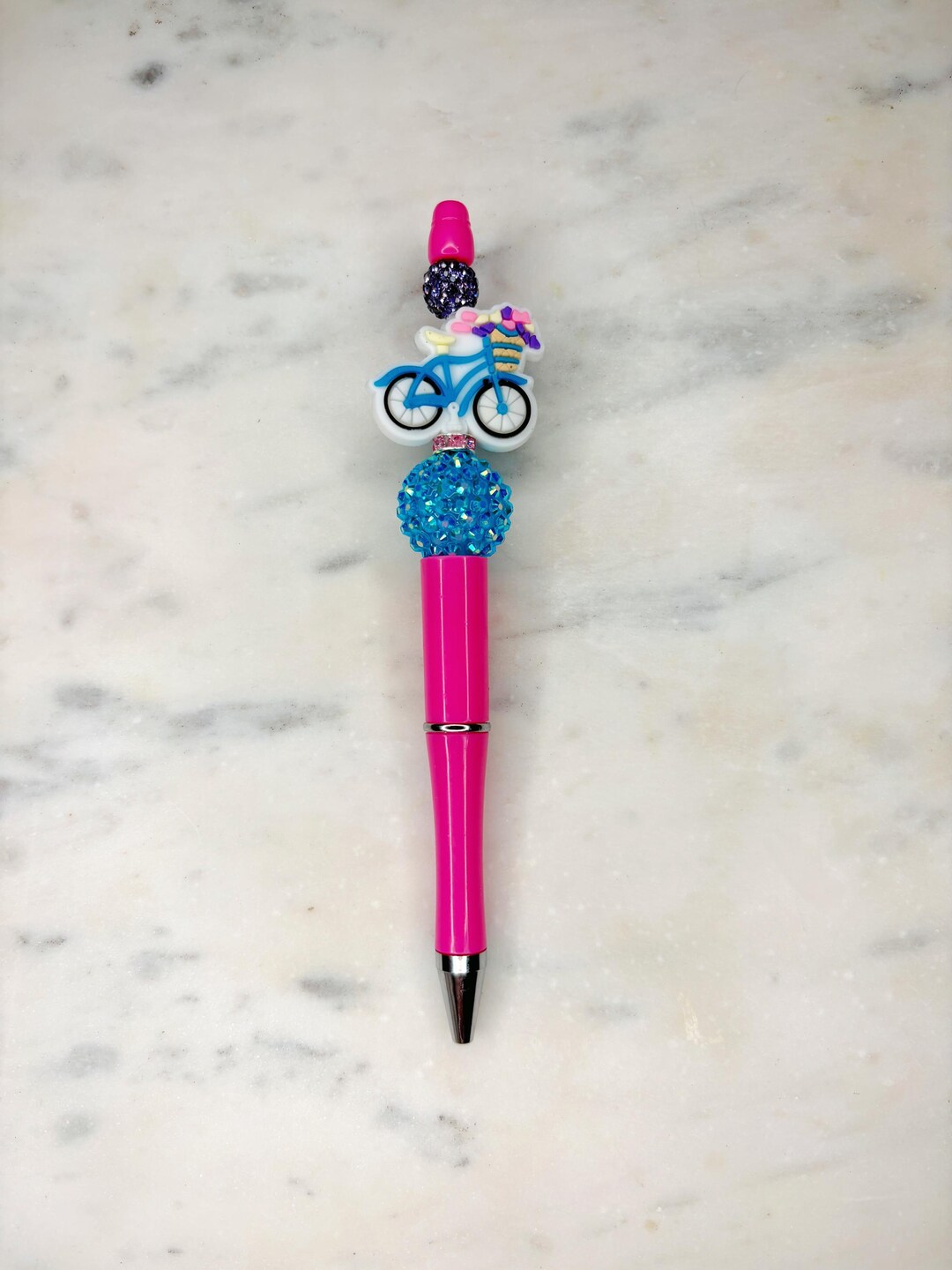 Blue Bike Beaded Pen |hot Pink Twist Pen With Sparkle Beads & Bicycle ...
