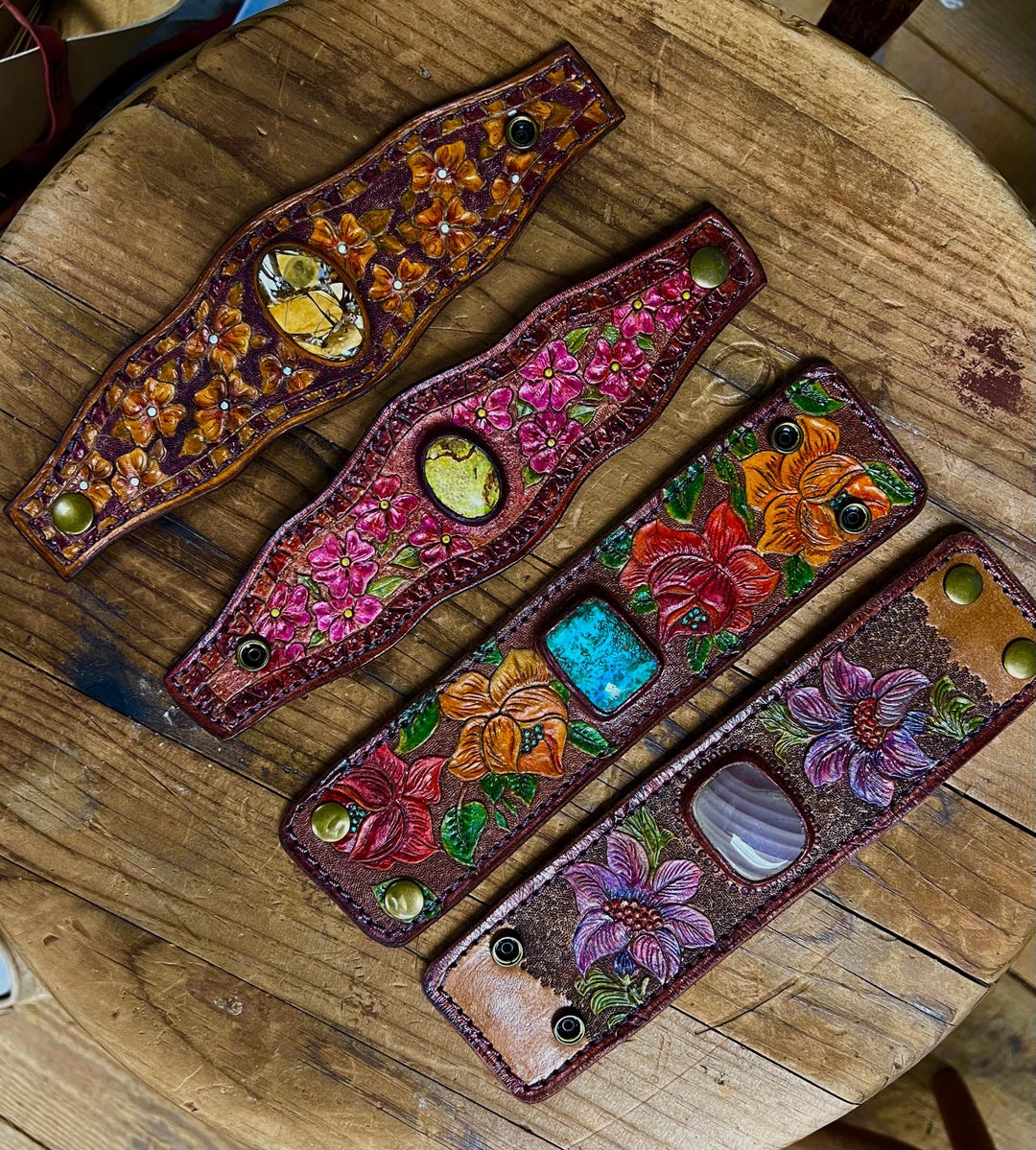 Leather and Gemstone Hand Tooled, Hand Painted Cuff Bracelet - Etsy
