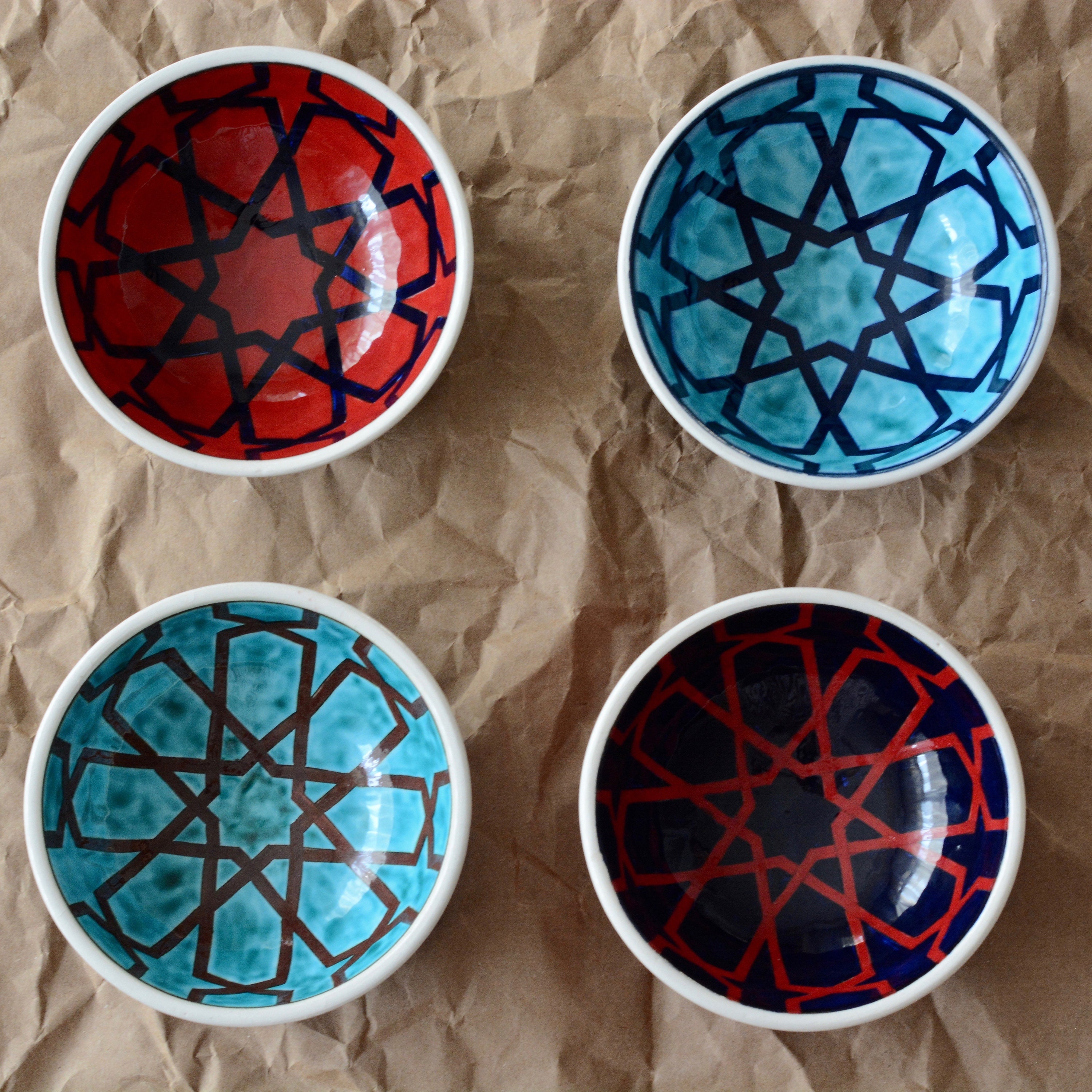 Geometric Pattern Bowls Set of Four Handmade Iznik Pottery - Etsy