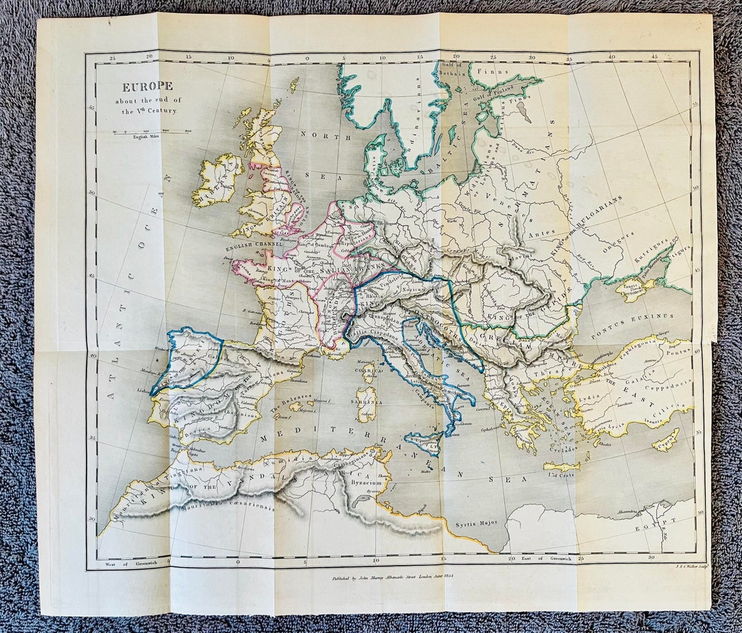 VINTAGE ANTIQUE MAP From 1855 - Europe at the End of the 5th Century ...