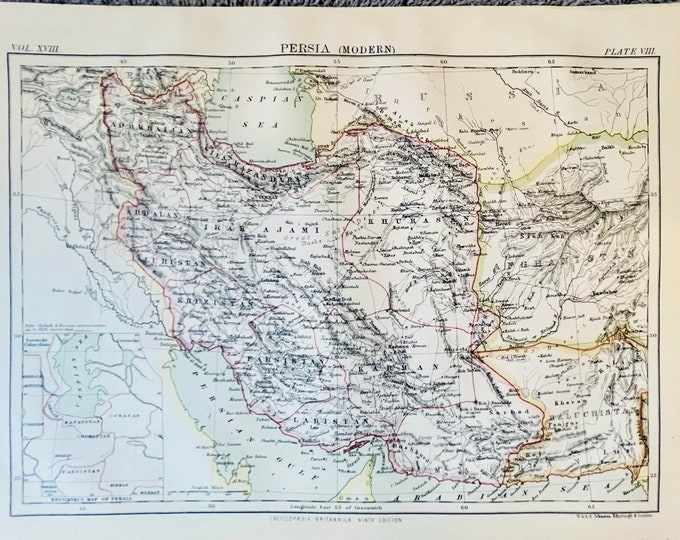 Vintage Original MAP of PERSIA 1883 - Partly Colored and Suitable for ...