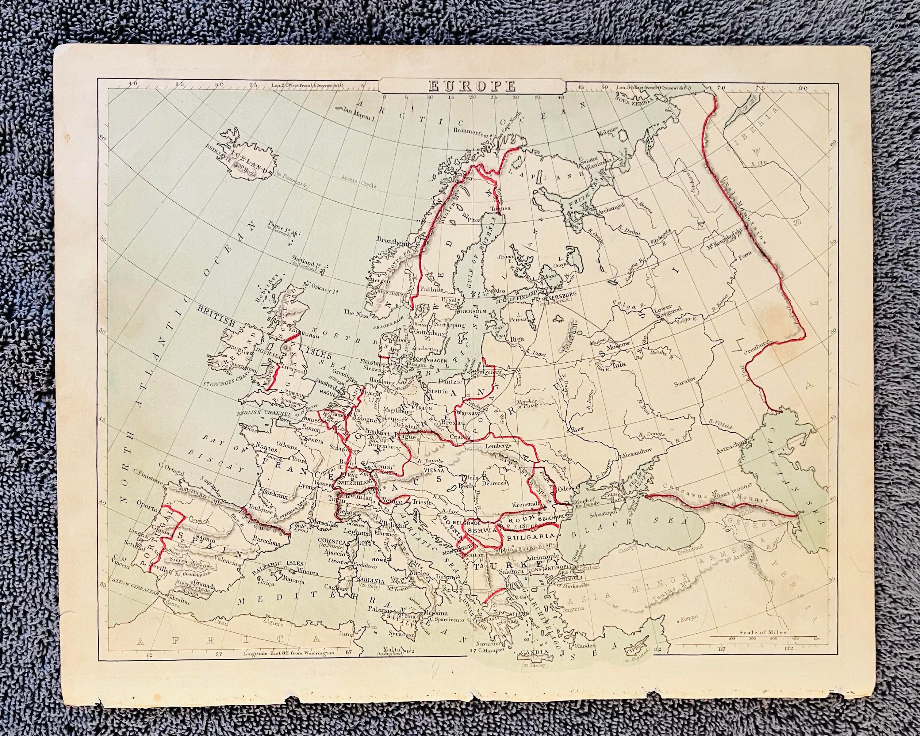 VINTAGE Antique MAP of EUROPE 1885 - Partly Colored and Suitable for ...