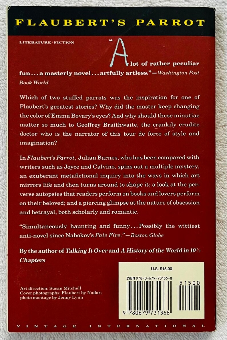 JULIAN BARNES - Flaubert's Parrot - 1990 Vintage Books Soft Cover ...