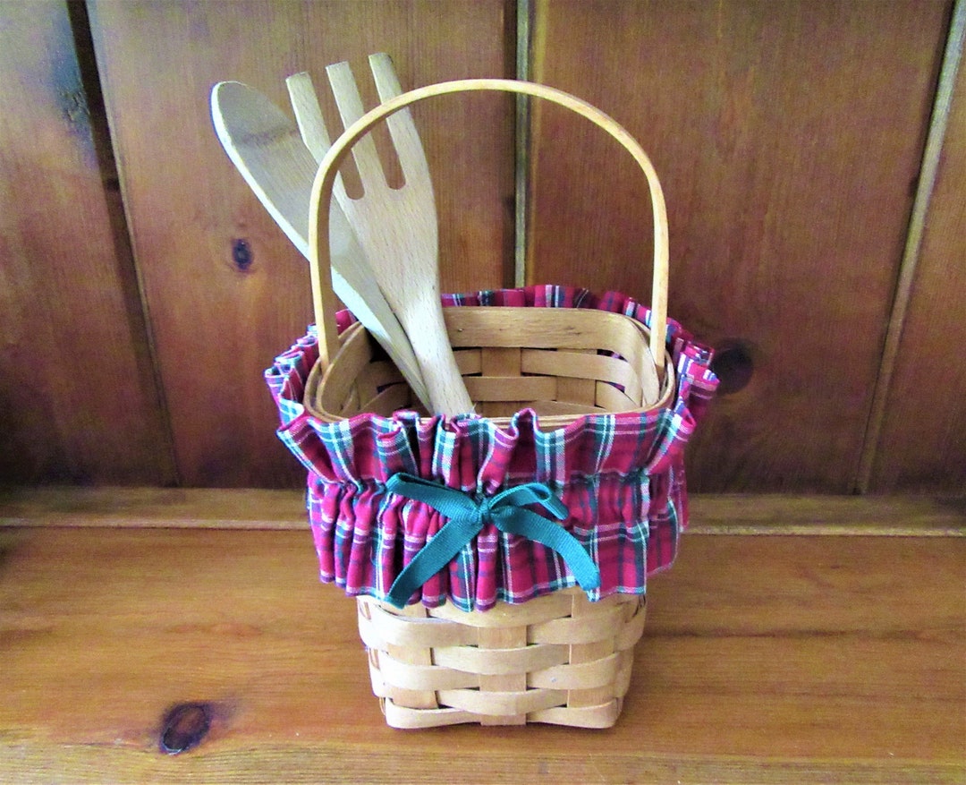 1992 LONGABERGER UTENSIL BASKET With Christmas Red Plaid Fabric Liner ...