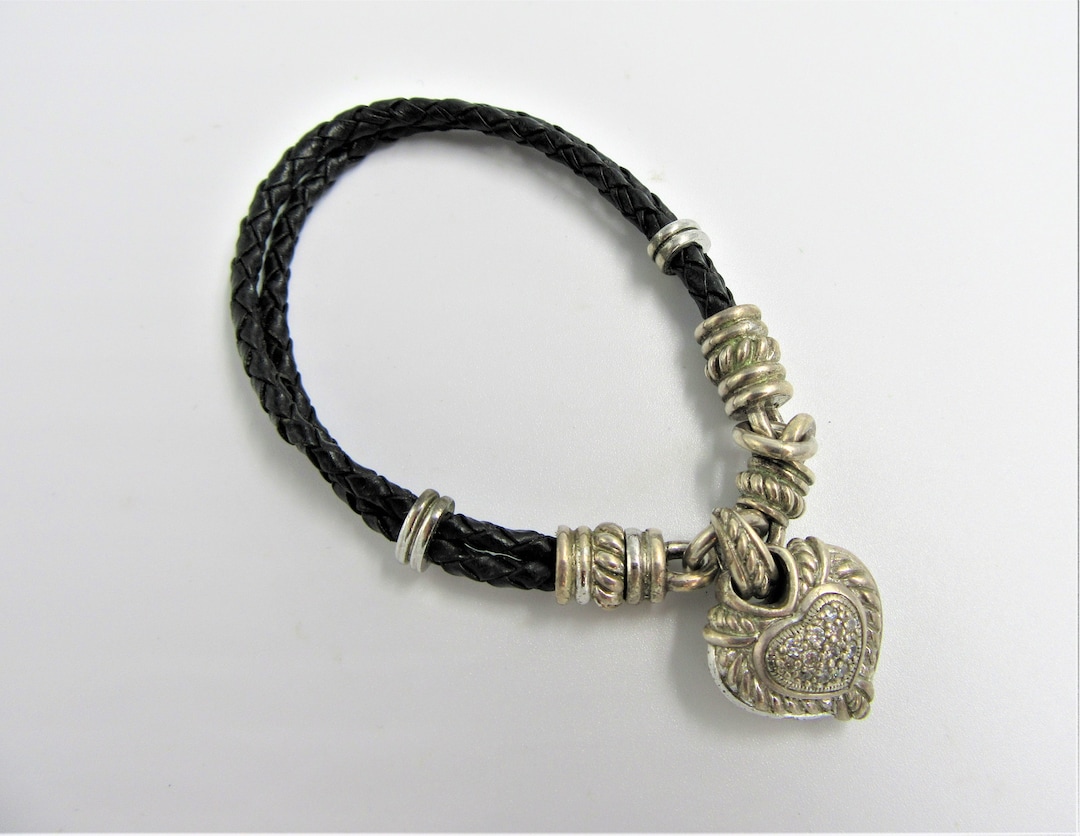 Vintage Judith Ripka Bracelet: Sterling Silver, Black Leather, Cubic ...