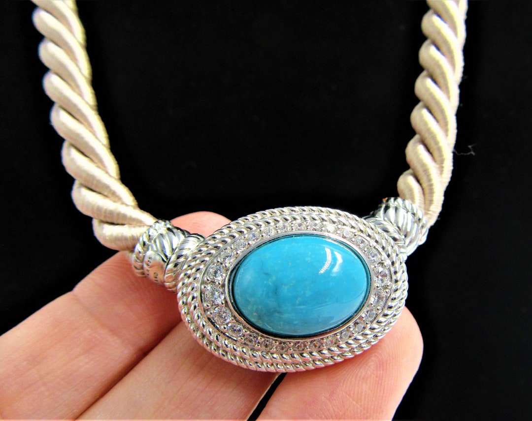 Vintage Judith Ripka Turquoise Pendant Necklace: Sterling Silver & Silk ...