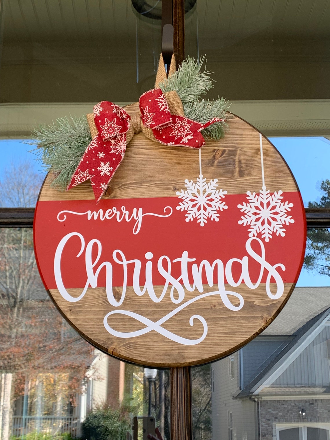 Wooden Round Merry Christmas Door Hanger Christmas Hanger Etsy