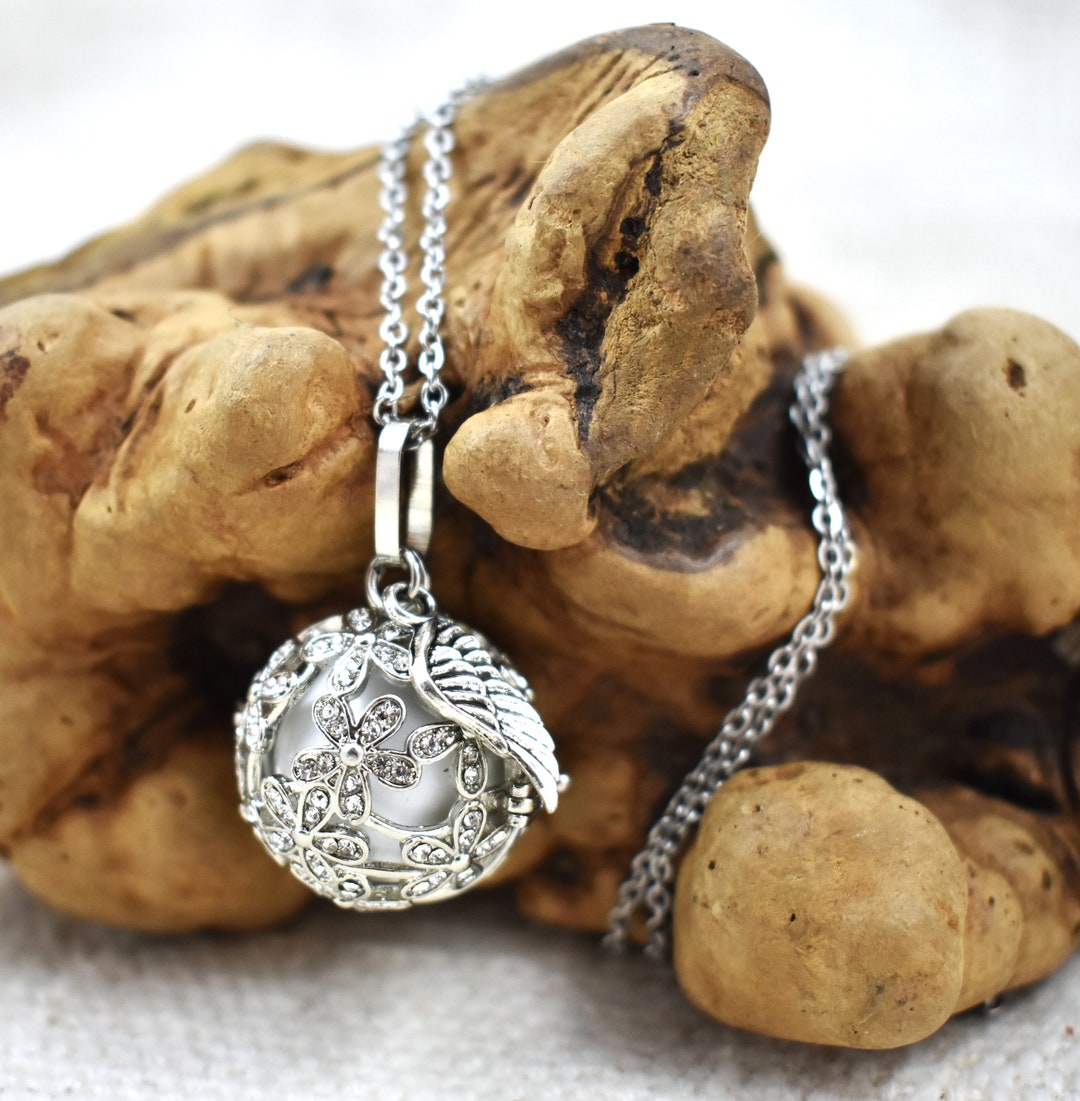 Necklace Mexican Angel Caller Harmony Chime Ball, Silver Floral With ...