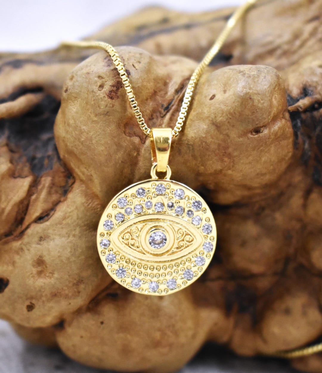 Gold Eye of Protection Pendant Necklace: Rhinestone Crystal Box Chain ...