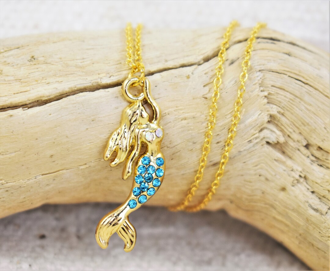 Mermaid Necklace - Gold Mermaid With Crystal Rhinestones on 18K Gold ...
