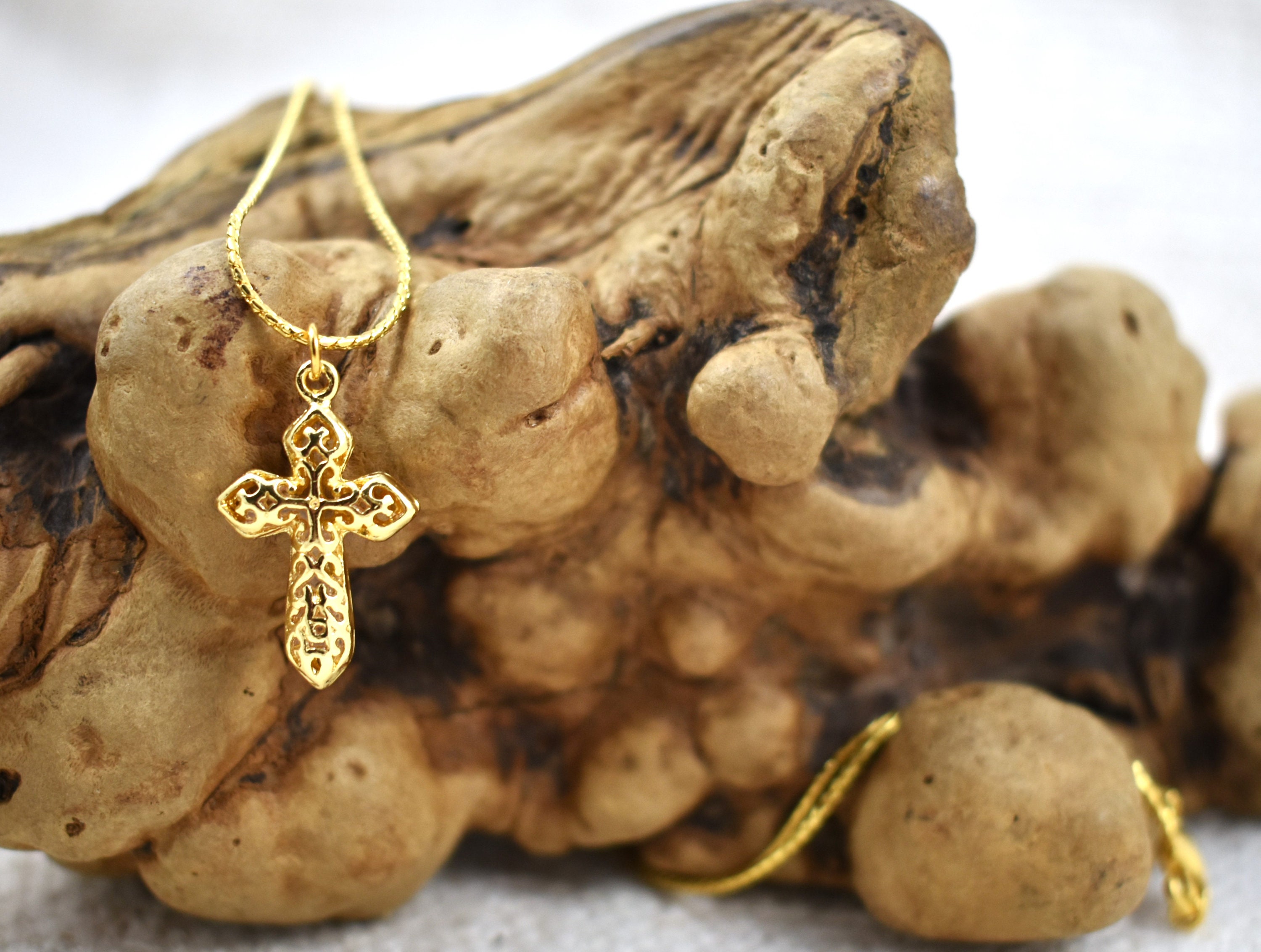 Gold Cross Necklace 18K Gold Filigree Cross Women's Necklace, Christian ...