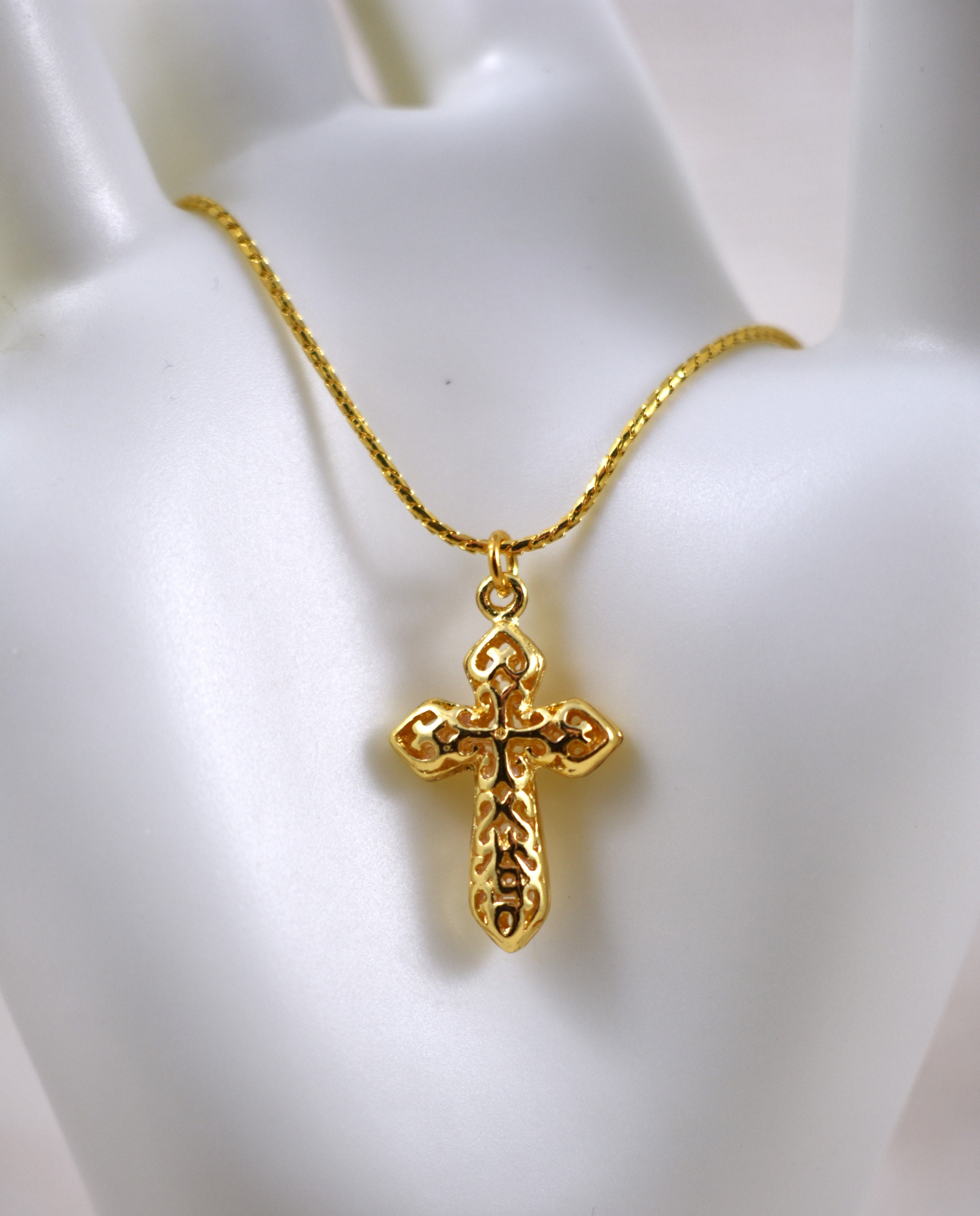 Gold Cross Necklace 18K Gold Filigree Cross Women's Necklace, Christian ...