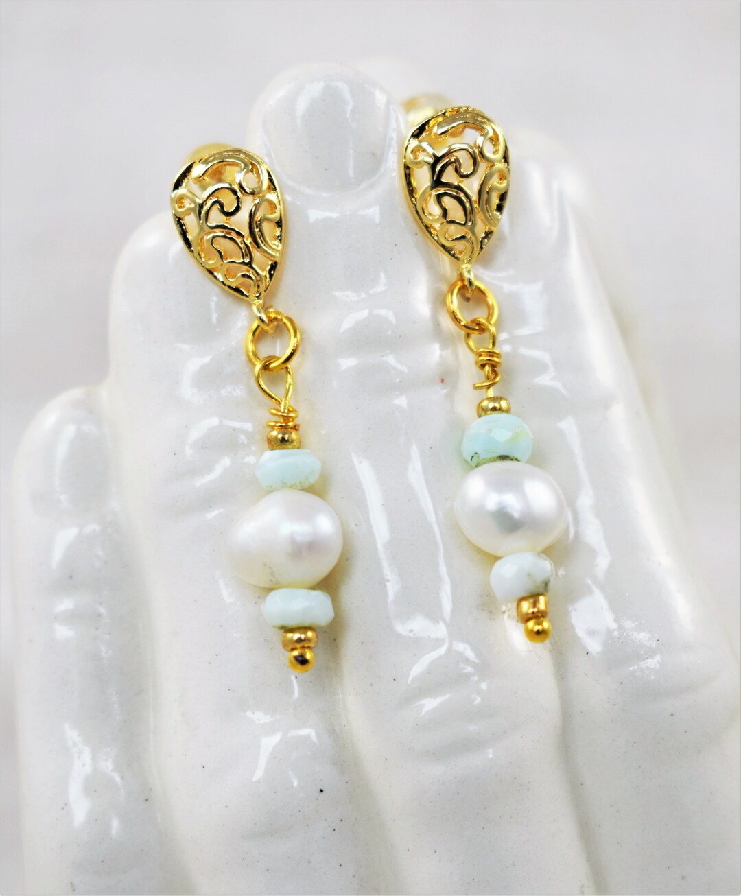 Earrings Fresh Water Pearls and Peruvian Opal With Gold - Etsy Canada