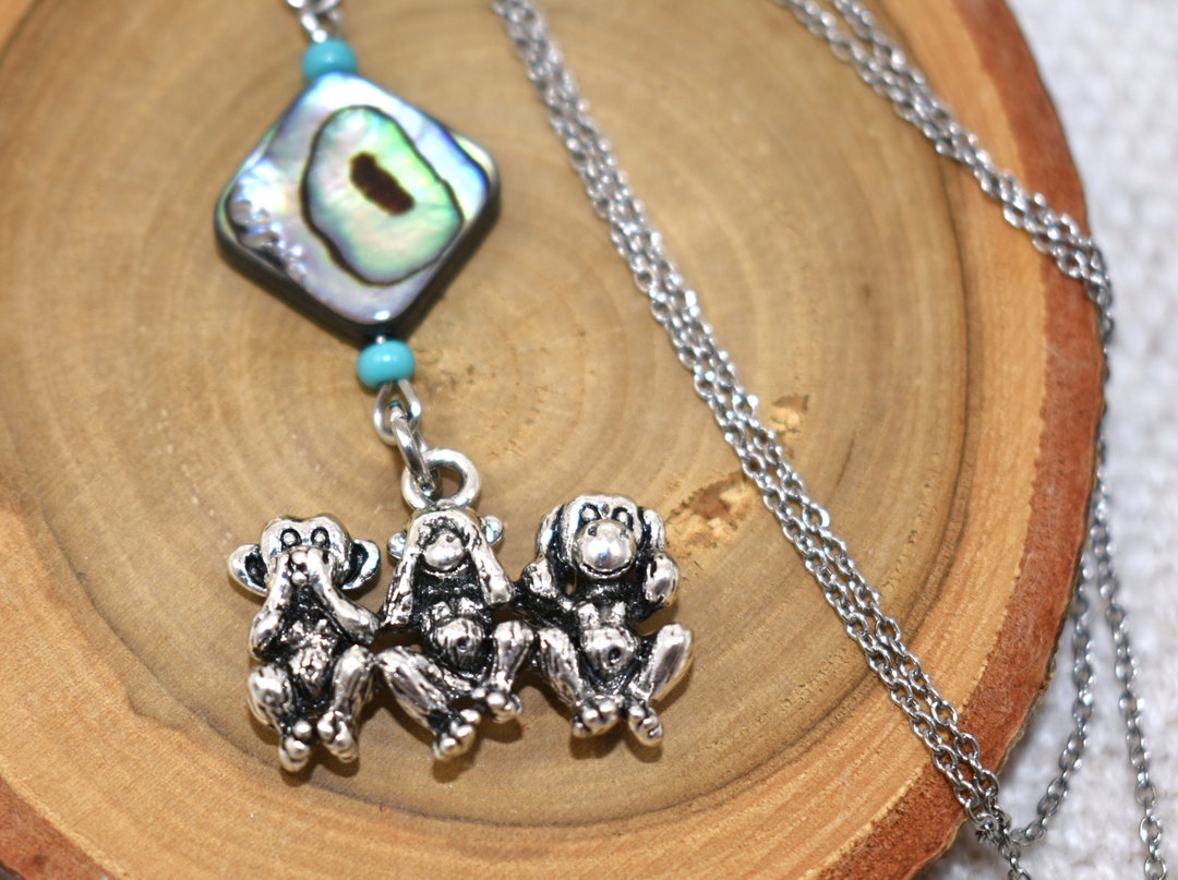 Three Silver Monkeys With Abalone Necklace Shell - See No Evil, Hear No ...