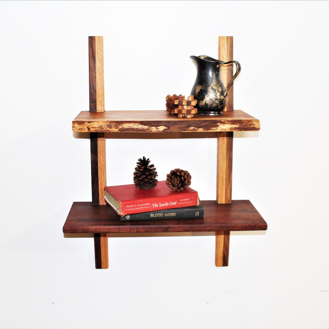 Two Tier Mid Century Modern Walnut, Cherry and Red Oak Floating Shelf ...