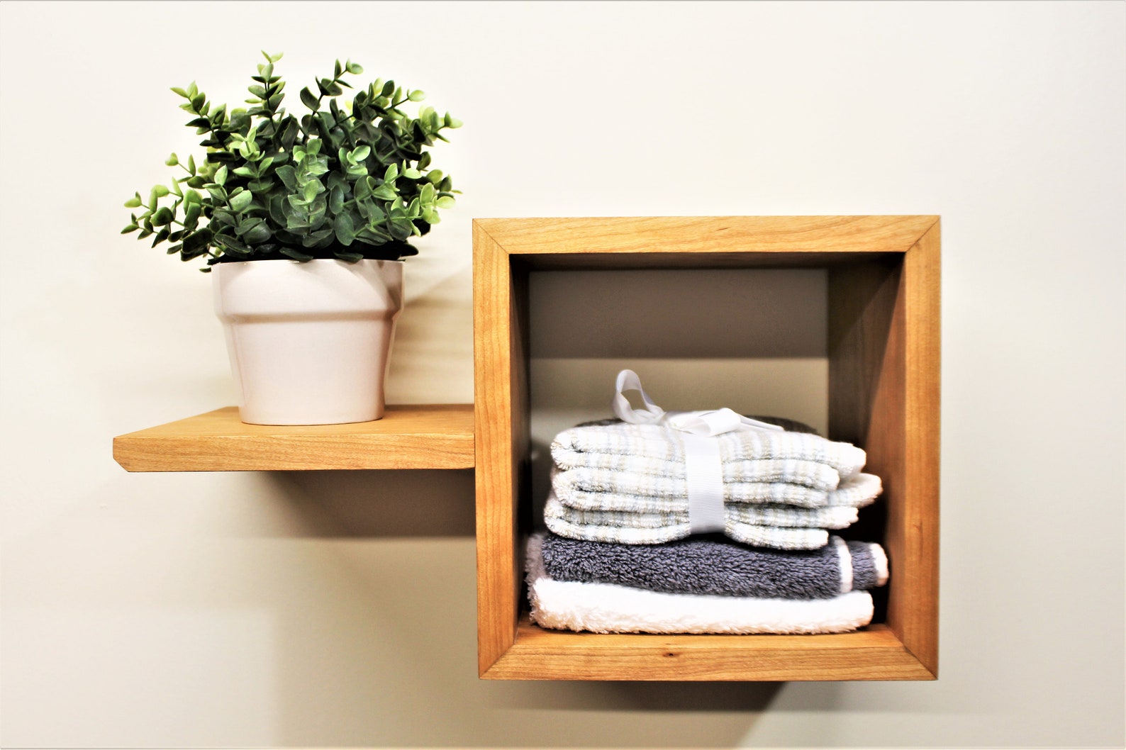 Natural Finish Wooden Floating Shelf With Cubby Hidden Mount | Etsy