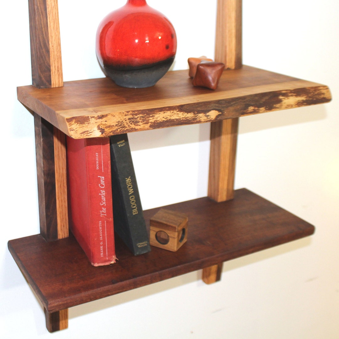 Two Tier Mid Century Modern Walnut, Cherry and Red Oak Floating Shelf ...