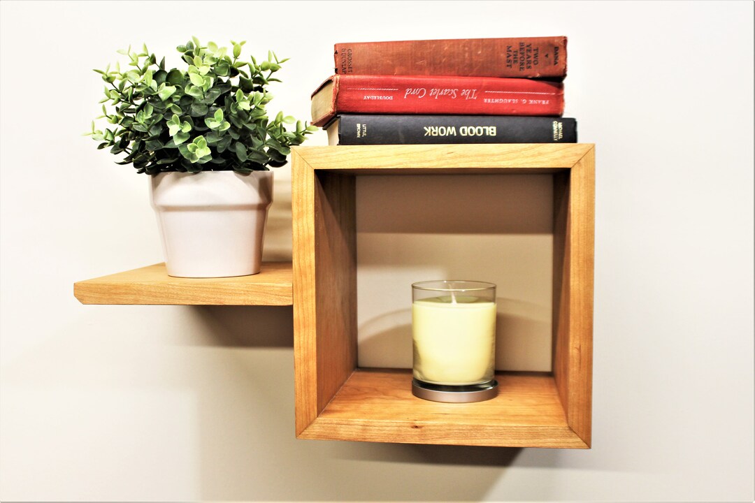 Natural Finish Wooden Floating Shelf With Cubby, Hidden Mount Shelf Box ...