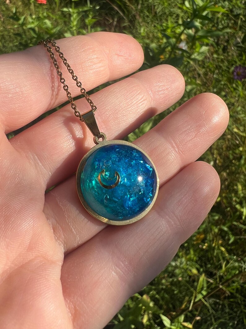 Celestial Moon - Whimsical Ocean Blue Iridescent Pendant With ...