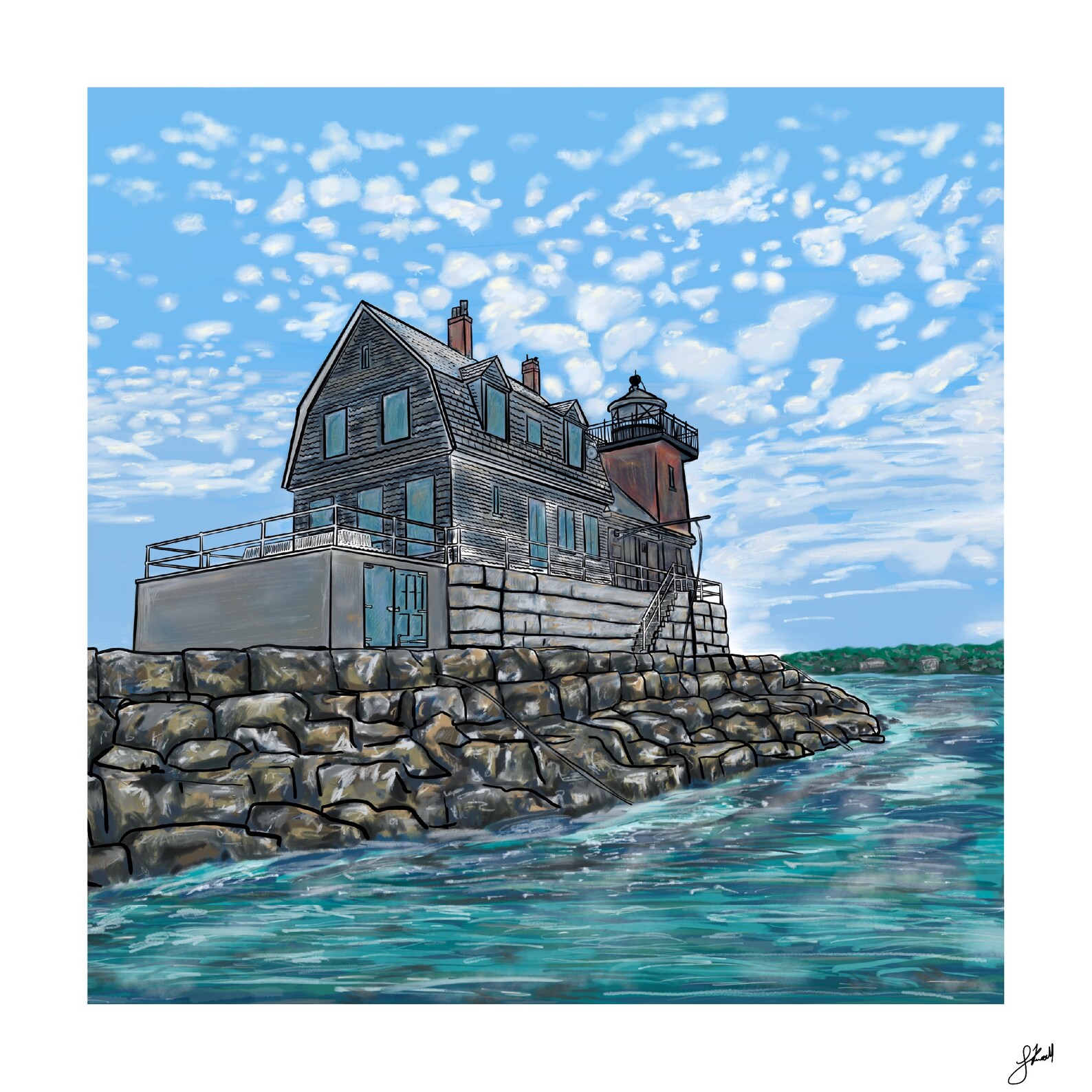 Rockland Breakwater Lighthouse Illustration Art Print, Giclee Print ...