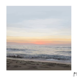 California Beach at Sunset,giclee Art Print, Ocean Sunset Illustration ...