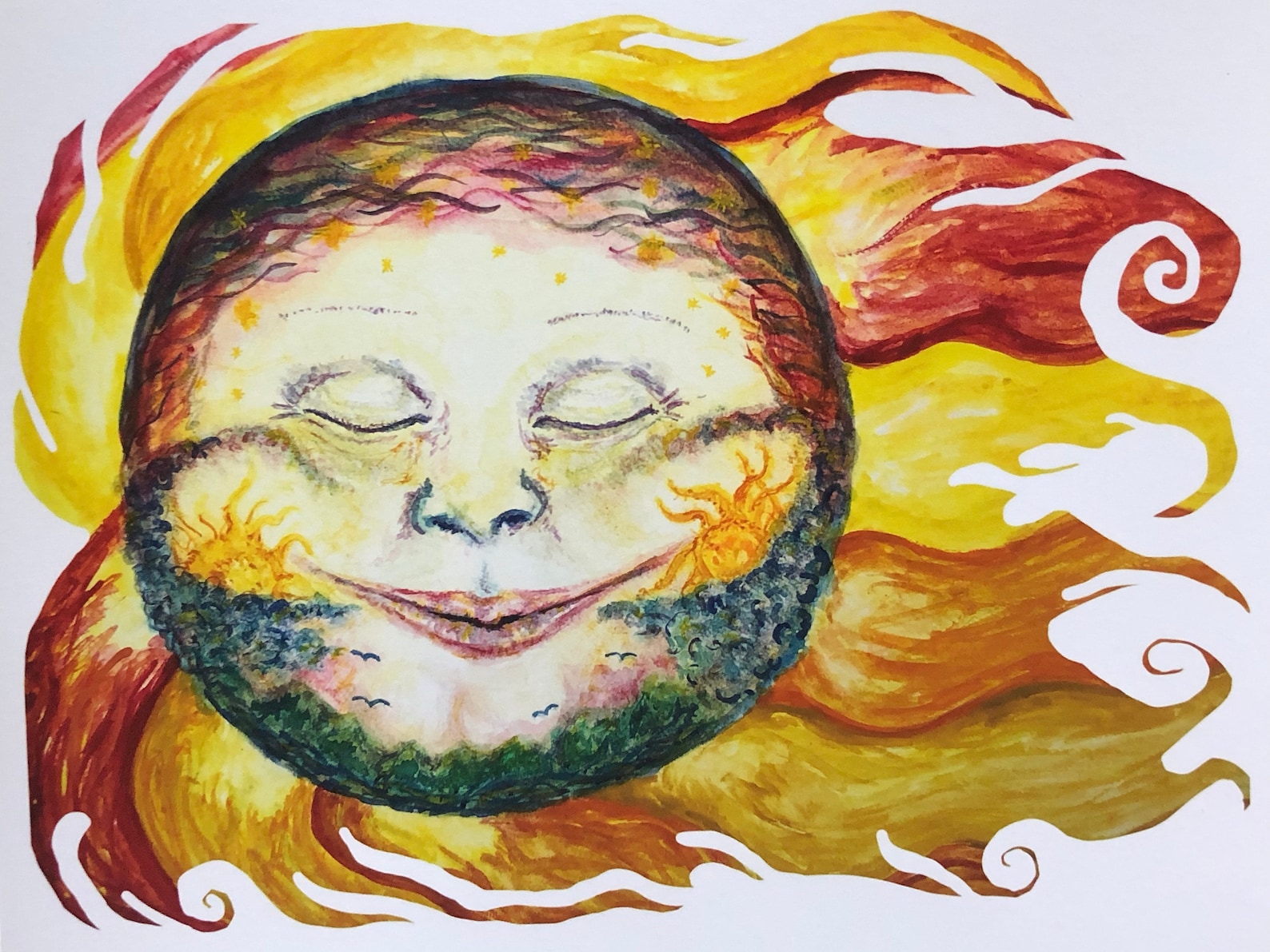 Sun Dreams Giclee Art Print, Happy Dreaming Sun Aquarelle Painting ...