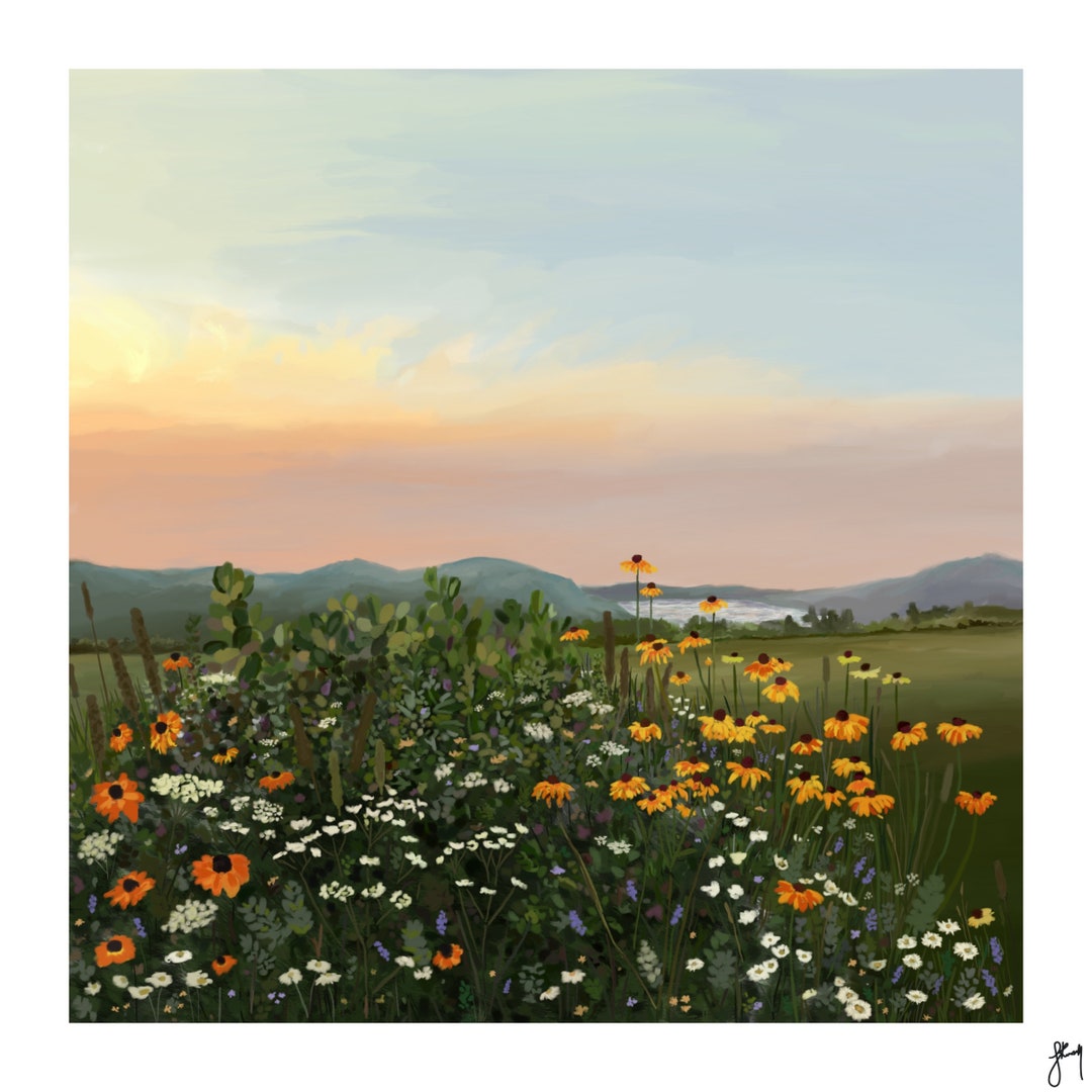 Field of Wildflowers Sunset Illustration, Giclee Art Print, Digital ...