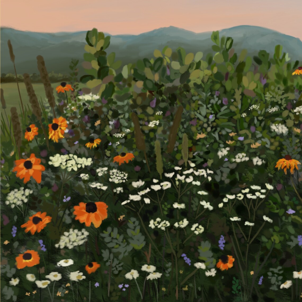 Field of Wildflowers Sunset Illustration, Giclee Art Print, Digital ...