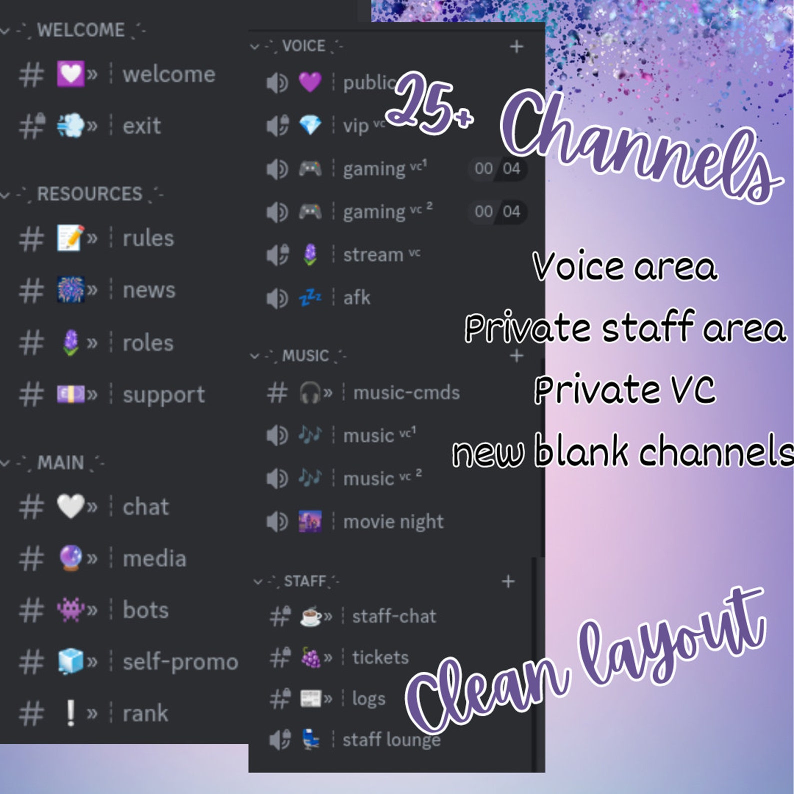 Minimalistic Purple Theme Discord Server Template | 50+ Channels and ...