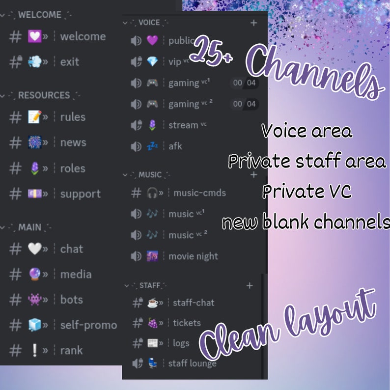 Minimalistic Purple Theme Discord Server Template | 50+ Channels and ...